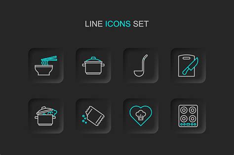 세트 라인 가스 렌지 요리사 모자 후추 패킷 요리 냄비 도마와 칼 주방 국자 아시아 국수 그릇 아이콘 벡터 가열장치에 대한 스톡 벡터 아트 및 기타 이미지 Istock