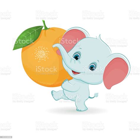 Adorable Cartoon Elephant With Orange Isolated Illustration On White