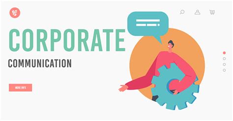 회사 통신 방문 페이지 템플릿입니다 연설 거품거대한 톱니바퀴를 들고 있는 사업가 캐릭터 가상 이벤트에 대한 스톡 벡터 아트 및 기타 이미지 가상 이벤트 개념 경영자