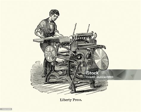 19세기 리버티 프린팅 프레스를 운영하는 빅토리아 시대의 인쇄 노동자 인쇄공에 대한 스톡 벡터 아트 및 기타 이미지 인쇄공