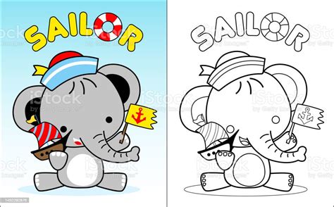 범선 장난감과 깃발을 들고 선원 모자를 쓰고 있는 작은 코끼리 만화의 색칠하기 책 벡터 교육에 대한 스톡 벡터 아트 및 기타 이미지 교육 귀여운 기 Istock