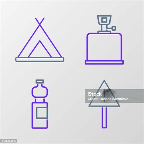 삼각형의 느낌표 물병 캠핑 가스 렌지 및 관광 텐트 아이콘을 설정합니다 벡터 기체 물리 구조에 대한 스톡 벡터 아트 및 기타 이미지 기체 물리 구조 병 캠핑 Istock