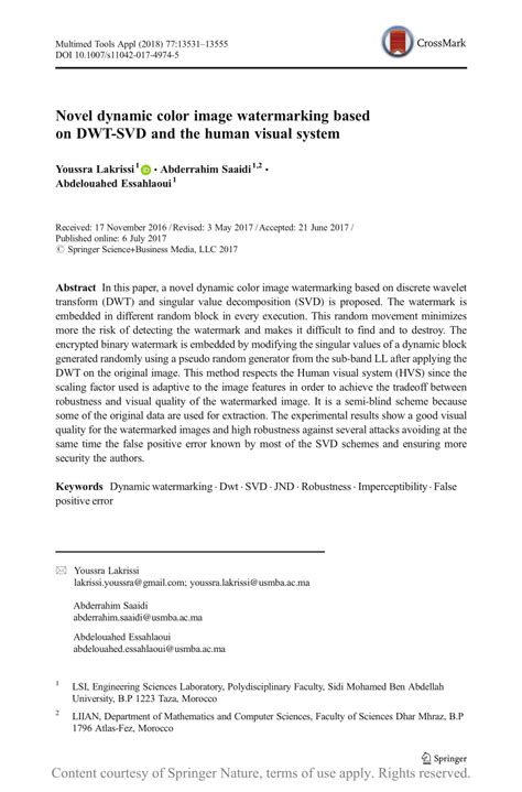 Novel Dynamic Color Image Watermarking Based On Dwt Svd And The Human