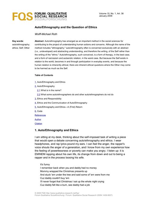 Pdf Auto Ethnography And The Question Of Ethics