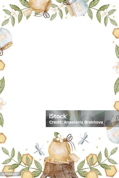 프레임 수채화 그림 항아리 꿀 냄비 카모마일 꽃 나뭇잎 잠자리의 벌집 손으로 그린 그림 유치한 템플릿 세로 디자인 엽서 제품 라벨 음식 장소 텍스트 공휴일에 대한 스톡 벡터