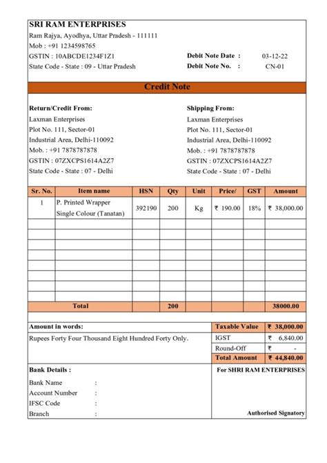 Credit Note Format Page Tax Shastra