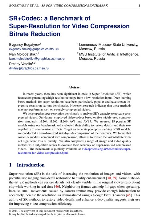 Pdf Sr Codec A Benchmark Of Super Resolution For Video Compression Bitrate Reduction