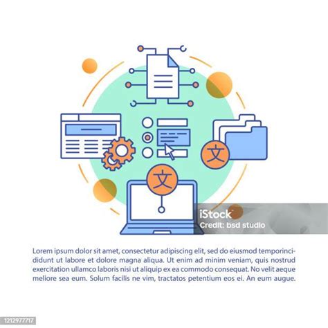소프트웨어 문서 페이지 벡터 템플릿을 번역하는 외국 텍스트 브로셔 잡지 선형 아이콘과 텍스트 상자소책자 디자인 요소 인쇄 디자인