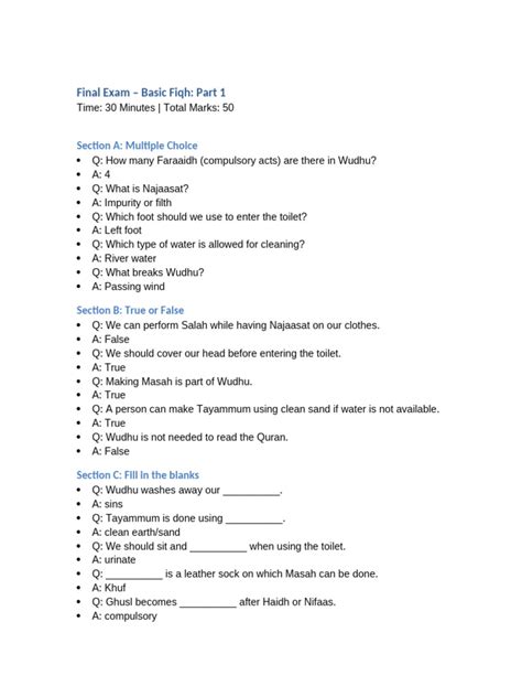 Basic Fiqh Final Exam Part 2 Pdf Sharia Islamic Ethics
