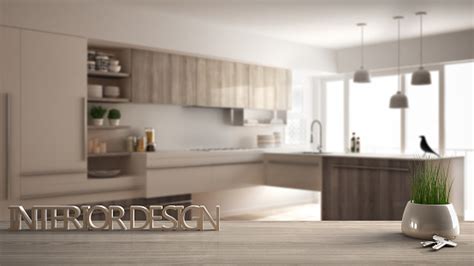 나무 테이블이 나 선반 화분된 잔디 공장 집 열쇠와 3d 문자 만들기 단어 인테리어 디자인 현대 부엌 프로젝트 개념 건축 배경