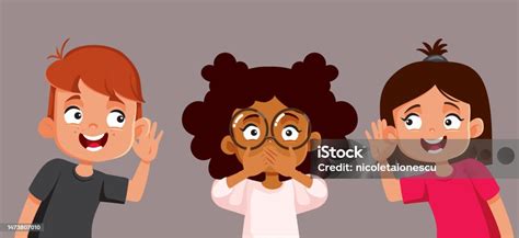 호기심 많은 친구들로부터 비밀을 지키는 어린 소녀 벡터 만화 일러스트 레이 션 험담에 대한 스톡 벡터 아트 및 기타 이미지 험담 아이 놀라움 Istock