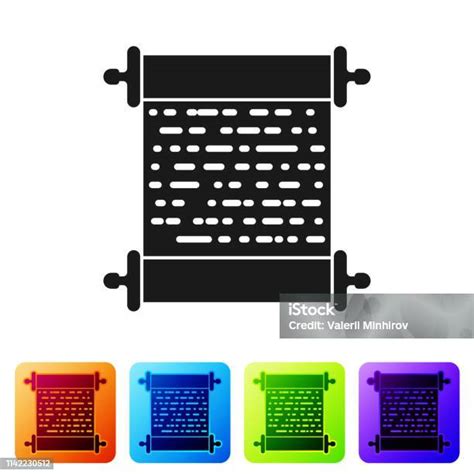 검은 종이 스크롤 아이콘 흰색 배경에 고립입니다 캔버스 스크롤 기호입니다 색상 사각형 버튼에 아이콘을 설정 합니다 벡터 일러스트 0명에 대한 스톡 벡터 아트 및 기타 이미지