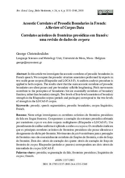 Pdf Acoustic Correlates Of Prosodic Boundaries In French A Review Of Corpus Data Correlatos