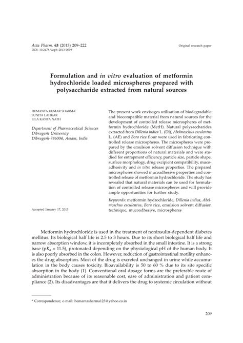 Pdf Formulation And In Vitro Evaluation Of Metformin Hydrochloride Loaded Microspheres