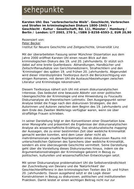 Karsten Uhl Das Verbrecherische Weib Geschlecht Sehepunkte