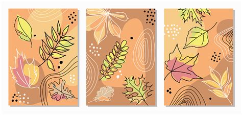 가을 단풍과 추상적 인 요소가있는 포스터 세트 가을 색상의 벡터 일러스트레이션 시즌 카드는 인쇄물 전단지 배너 프로모션 특별