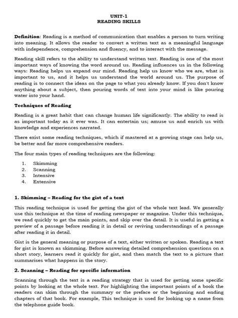 Unit 1 Reading Skills Pdf Reading Comprehension Adjective
