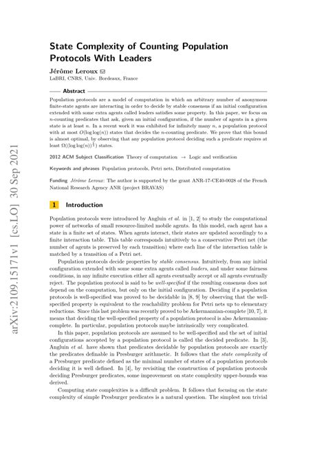 Pdf State Complexity Of Counting Population Protocols With Leaders