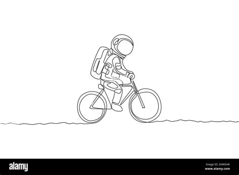 One Single Line Drawing Of Spaceman Astronaut Riding Bicycle On Moon