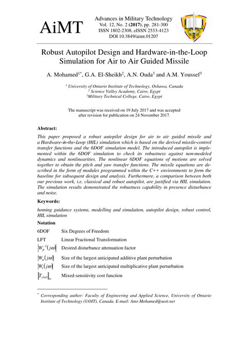 Pdf Robust Autopilot Design And Hardware In The Loop Simulation For Air To Air Guided Missile