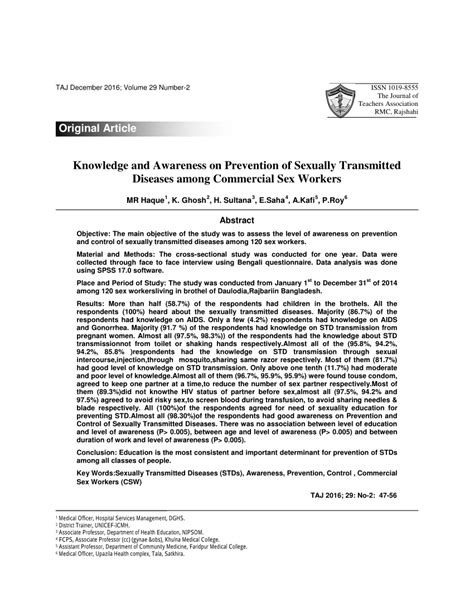 PDF Knowledge And Awareness On Prevention Of Sexually Transmitted Diseases Among Commercial