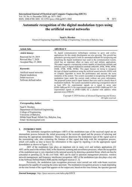 automatic recognition of the digital modulation types using the