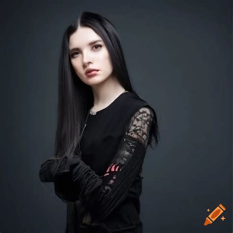 Stylish Woman With Shoulder Length Dark Hair In Emo Clothing On Craiyon