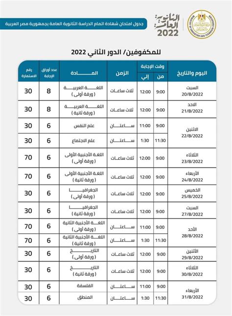 جدول امتحانات الثانوية العامة الدور الثاني 2022 منصة كتاتيب مصر