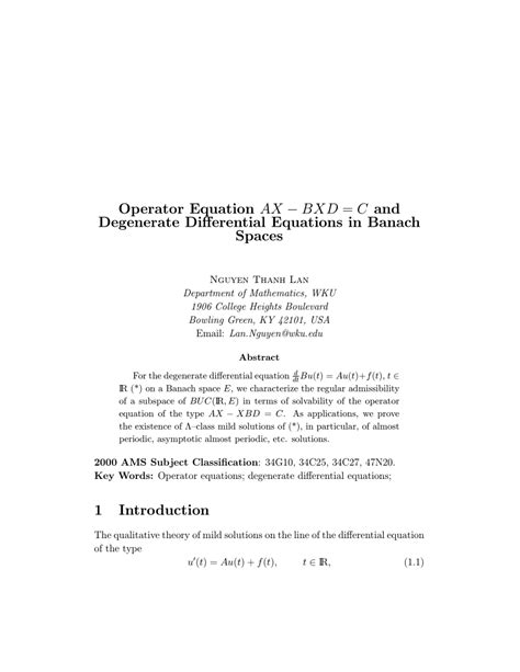 Pdf Operator Equation Ax − Bxd C And Degenerate Differential Equations In Banach Spaces