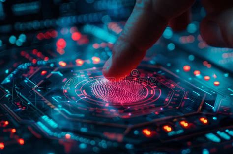 Finger Touching Digital Fingerprint Scanner On Glowing Virtual Keyboard Identification Concept