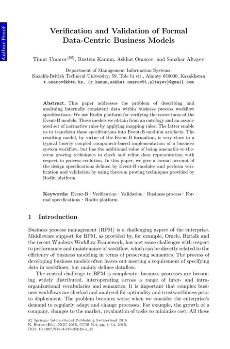 Pdf Verification And Validation Of Formal Data Centric Business Models