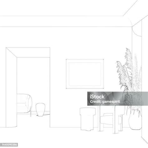 벽에 빈 수평 포스터가있는 현대적인 인테리어의 스케치 커피 테이블 안락 의자 및 창문 근처의 큰 작은 이삭 현대 소파 근처에 램프가있는 방의 출입구 게으름에 대한 스톡 벡터