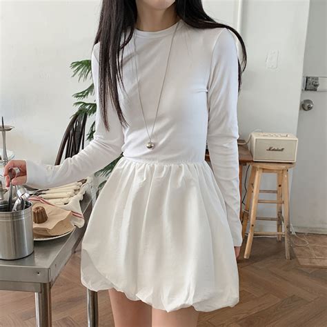 아더먼데이 펌킨스커트💗 크림벌룬 라운드긴팔 미니원피스 면원피스 가을신상 가을원피스 가을하객룩 여자원피스 레이어드 신축성좋은 이너원피스 화이트원피스