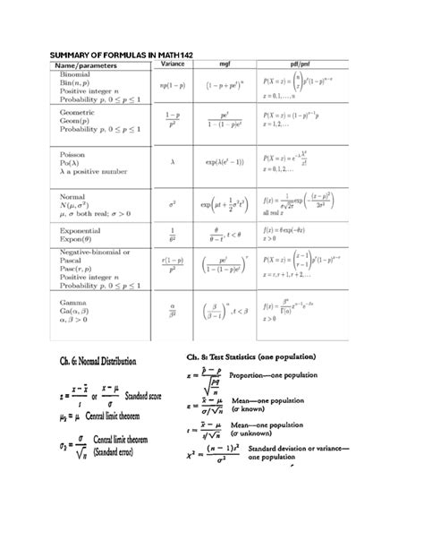 Summary Of Formulas In Math142 Engineering Data Analysis Summary Of