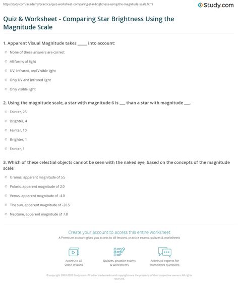 Quiz And Worksheet Comparing Star Brightness Using The Magnitude Scale