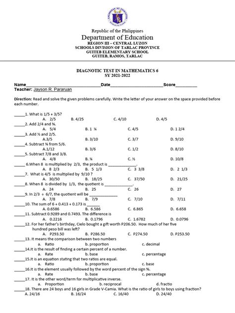 Math 6 Diagnostic Test Pdf Triangle Volume