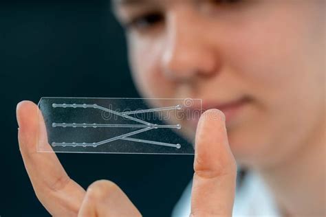 Young Female Laboratory Assistant Holds A Blank For A Lab On Chip Loc Microfluidics Device In