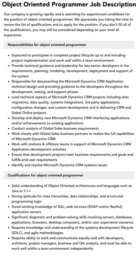 Object Oriented Programmer Job Description Velvet Jobs
