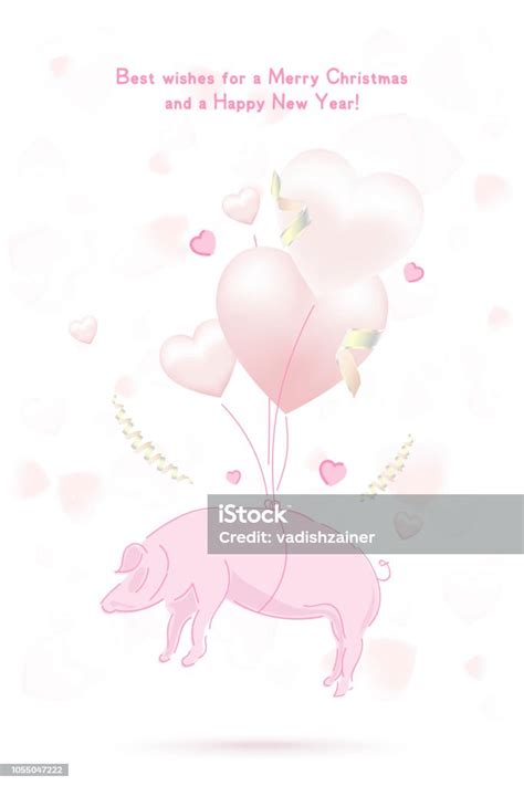 새 해 복 많이 받으세요 2019 엽서와 배경에 마음의 형태로 풍선 핑크 돼지 조디악 로그인와 리본 평면 벡터 일러스트 레이 션 Eps10 12월 31일에 대한 스톡 벡터