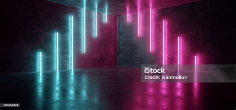 공상 과학 소설 파란 분홍색 자주색 네온 미래 지향적 인 사이버 펑크 빛나는 복고풍 현대 활기찬 조명 레이저 쇼 빈 무대 룸 홀 반사 콘크리트 그런 지 클럽 배경 3d