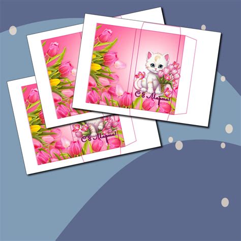 Обёртка футляр упаковка для шоколадок на 8 марта с котятами и розовыми тюльпанами