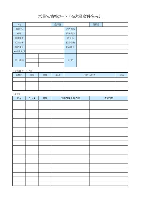 営業先情報カード｜無料excelテンプレート｜シンプル・法人向け・営業履歴 Biz Nextテンプレート