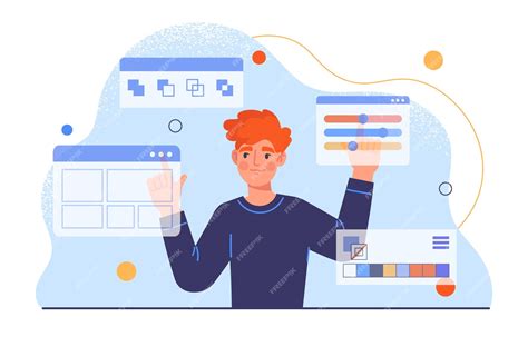직장 개념의 가상 디자이너 남자는 웹 사이트 또는 응용 프로그램에 대한 색상을 선택합니다 팔레트가 있는 젊은 남자 그래픽