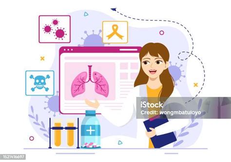 호흡기 감염 벡터 의료 배경에 있는 바이러스 세포와 폐의 염증 그림 플랫 만화 손으로 그린 템플릿 호흡기 질환에 대한 스톡 벡터 아트 및 기타 이미지 Istock