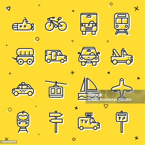 세트 라인 도로 교통 표지판 비행기 견인 트럭 버스 미니 버스 와일드 웨스트 덮여 마차 잠수함 및 자동차 아이콘 벡터 개척시대의 서부에 대한 스톡 벡터 아트 및 기타 이미지