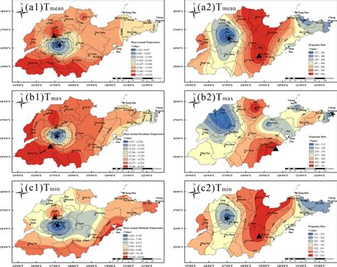 Spatial Trends Of Tmean A1 Tmax B1 And Tmin C1 And Their
