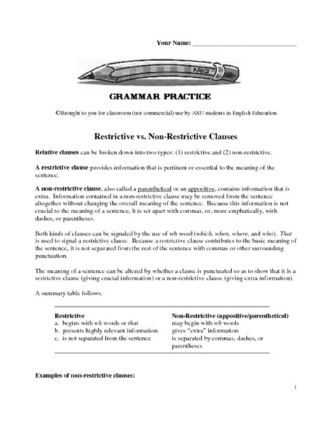 Grammar Practice Restrictive Vs Non Restrictive Clauses Worksheet For