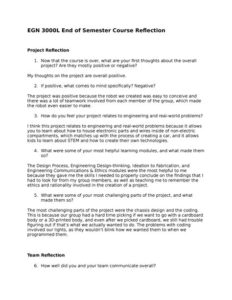 Course Reflection EGN EGN 3000L End Of Semester Course Reflection