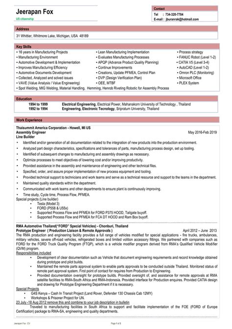 Jeerapan Fox Cv Assembly Engineer Pdf