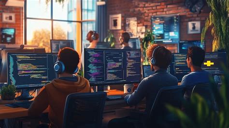 a diverse group of software developers coding on multiple screens with
